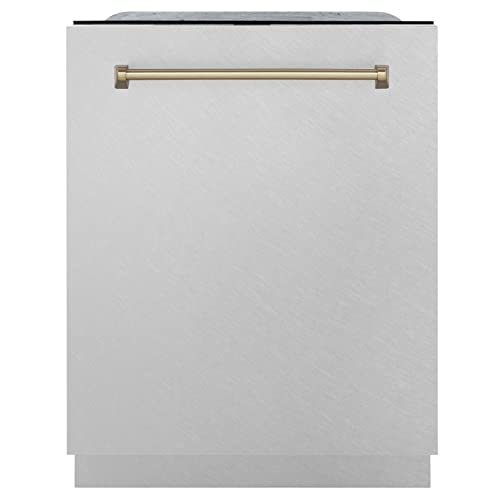 ZLINE Autograph Edition 24" 3rd Rack Top Touch Control Tall Tub Dishwasher in DuraSnow® Stainless Steel with Champagne Bronze Handle, 51dBa (DWMTZ-SN-24-CB)