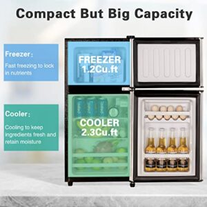 Anukis Compact Refrigerator 3.5 Cu Ft 2 Door Mini Fridge with Freezer For Apartment, Dorm, Office, Family, Basement, Garage, Silver