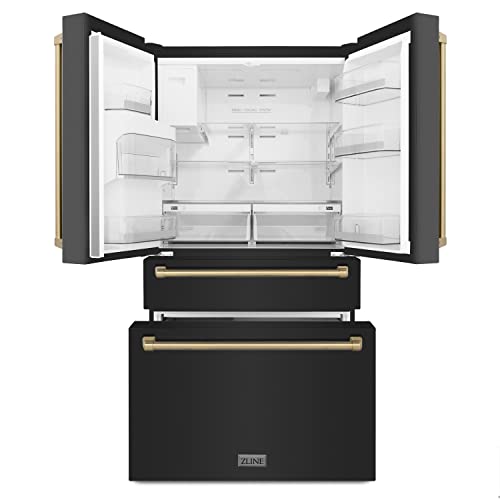 ZLINE 36" Autograph Edition Freestanding French Door Refrigerator with Water and Ice Dispenser in Fingerprint Resistant Black Stainless Steel with Champagne Bronze Handles (RFMZ-W-36-BS-CB)