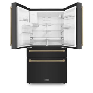 ZLINE 36" Autograph Edition Freestanding French Door Refrigerator with Water and Ice Dispenser in Fingerprint Resistant Black Stainless Steel with Champagne Bronze Handles (RFMZ-W-36-BS-CB)