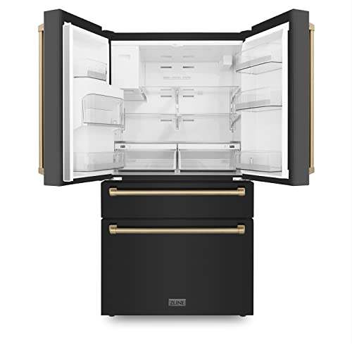 ZLINE 36" Autograph Edition Freestanding French Door Refrigerator with Water and Ice Dispenser in Fingerprint Resistant Black Stainless Steel with Champagne Bronze Handles (RFMZ-W-36-BS-CB)