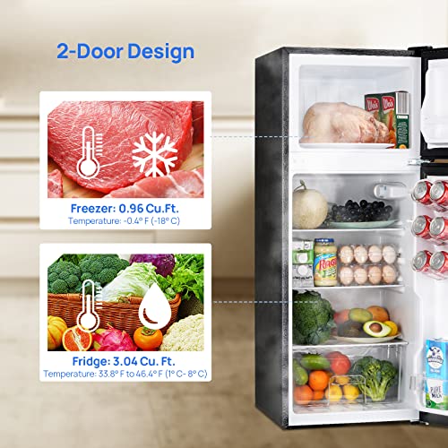 Upstreman 4.0 Cu.Ft Compact Refrigerator with Freezer, Double Door Mini Fridge, Large Capacity Mini Fridge, Adjustable Thermostat, Mini Refrigerator for Dorm, Office, Bedroom, Black-BR401