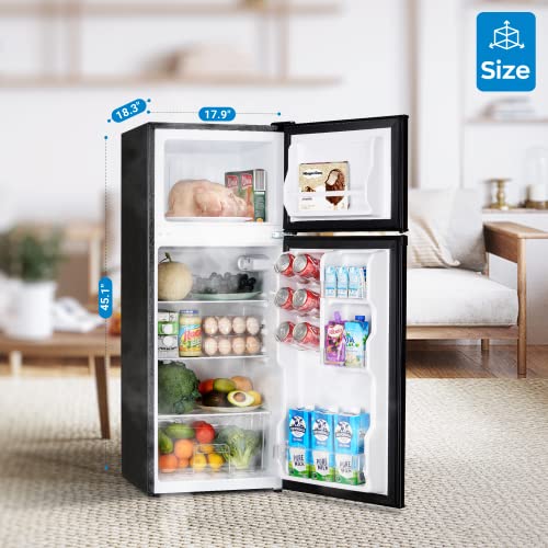 Upstreman 4.0 Cu.Ft Compact Refrigerator with Freezer, Double Door Mini Fridge, Large Capacity Mini Fridge, Adjustable Thermostat, Mini Refrigerator for Dorm, Office, Bedroom, Black-BR401