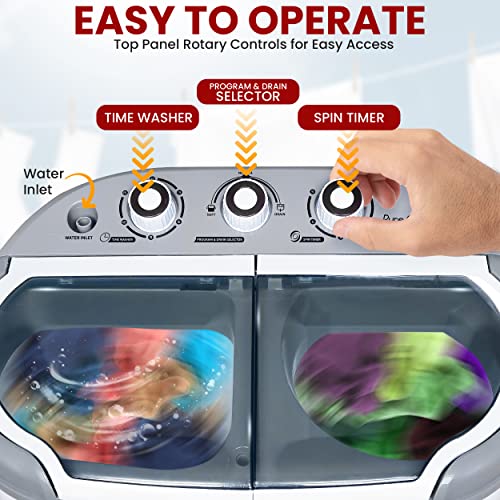 Pyle Compact Home Washer & Dryer, 2 in 1 Portable Mini Washing Machine, Twin Tubs, 11lbs. Capacity, 110V, Spin Cycle w/Hose, Translucent Tub Container Window, Ideal for Smaller Laundry Loads