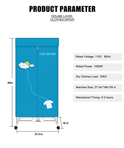 Portable Dryer,110V 1000W Electric Clothes Dryer Machine Double layer Stackable Clothes Drying Rack for Apartments, RV,Laundry,and More