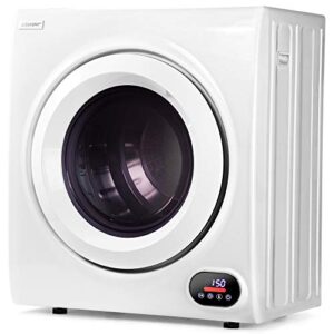 euhomy compact laundry dryer, 2.65 cu ft front load stainless steel clothes dryers with exhaust pipe, 1400w, lcd control panel four-function portable dryer for apartments, home, dorm, white.