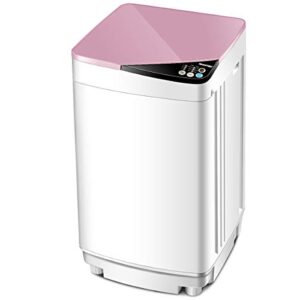 giantex full-automatic washing machine portable washer and spin dryer 7.7 lbs capacity compact laundry washer with built-in barrel light drain pump and long hose for apartments camping (white & pink)