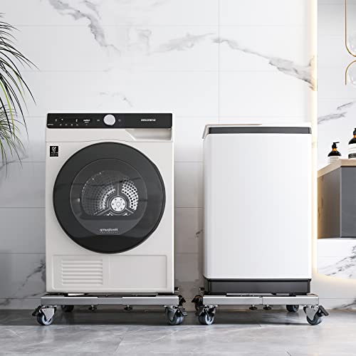 CHINCHILLA Heavy Duty All Stainless Steel Mobile Fridge Stand Base, Washing Machine Stand with Wheels, Adjustable Furniture Dolly for Washer, Refrigerator and Dryer