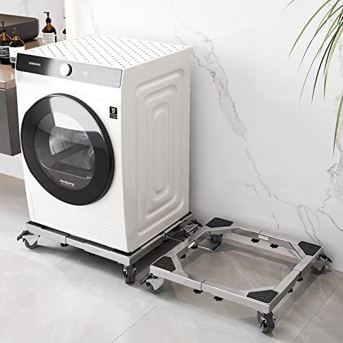 CHINCHILLA Heavy Duty All Stainless Steel Mobile Fridge Stand Base, Washing Machine Stand with Wheels, Adjustable Furniture Dolly for Washer, Refrigerator and Dryer