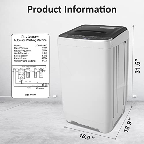 Portable Washer, 17.5Lbs Capacity Full-Automatic Washing Machine with Drain Pump and Extended Drain Pipe, 1.9 Cu.ft 2-in-1 Washer and Spin-dryer Combo with 10 Wash Programs 8 Water Levels LED Display, Compact Laundry Washer for Home, Dorms, RV