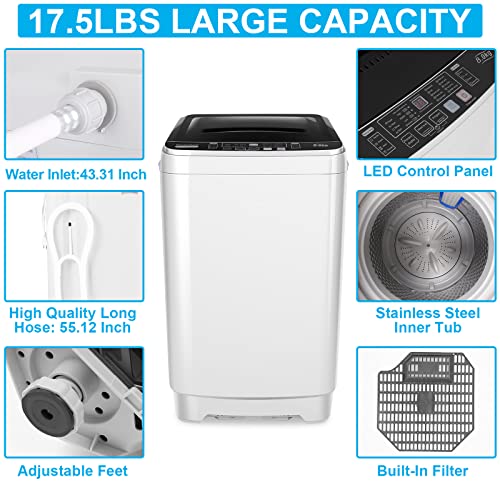 Portable Washer, 17.5Lbs Capacity Full-Automatic Washing Machine with Drain Pump and Extended Drain Pipe, 1.9 Cu.ft 2-in-1 Washer and Spin-dryer Combo with 10 Wash Programs 8 Water Levels LED Display, Compact Laundry Washer for Home, Dorms, RV