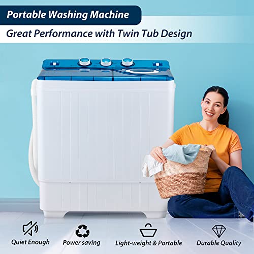 Homguava Portable Washing Machine 26Lbs Capacity Washer and Dryer Combo 2 In 1 Twin Tub Laundry Washer(18Lbs) & Spinner(8Lbs) with Built-in Gravity Drain Pump,for Apartment,Dorms,RV Camping (BLUE)