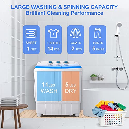 Nictemaw Washing Machine 16lbs Portalbe Washer and Dryer Combo 2-in-1 Compact Twin Tub Laundry Washer with Built-in Drain Pump 11lbs Washer and 5lbs Dryer Semi-automatic for Dorms, Apartments, RVs