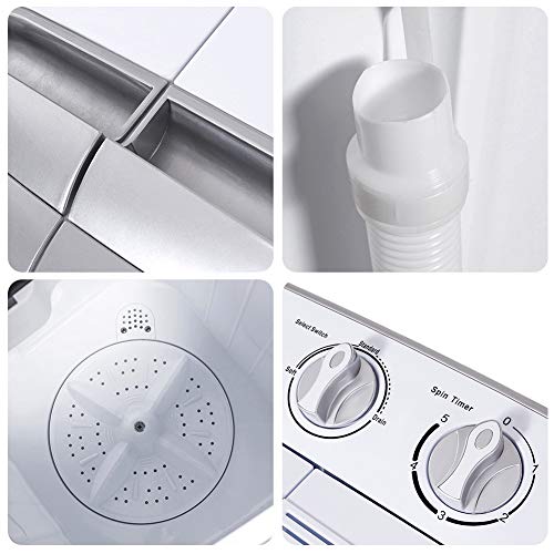 Clothes Washing Machines,SAFEPLUS Compact Mini Twin Tub Versatile Washer Machine with 8 lbs Washing &5 lbs Spin Dryer Load Cappacity Gravity Drain Pump and Drain Hose for Apartment