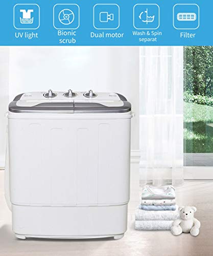 Clothes Washing Machines,SAFEPLUS Compact Mini Twin Tub Versatile Washer Machine with 8 lbs Washing &5 lbs Spin Dryer Load Cappacity Gravity Drain Pump and Drain Hose for Apartment