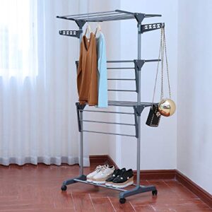 plplaaoo drying rack, clothes dryer space-saving, drying rack extra slim, 3-tier drying rack multi-functional folding clothes rail clothes dryer hanger for indoor and outdoor(blue)