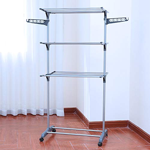 plplaaoo Drying Rack, Clothes Dryer Space-Saving, Drying Rack Extra Slim, 3-Tier Drying Rack Multi-Functional Folding Clothes Rail Clothes Dryer Hanger for Indoor and Outdoor(Blue)