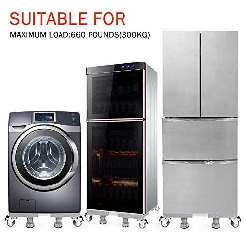 Mini Fridge Stand Washing Machine Base Adjustable Mobile Base with 4x2 Locking Rubber Rotating Wheels and 4 Sturdy Washing Machine Feet Suitable for Dryer, Washing Machine and Mini Refrigerator