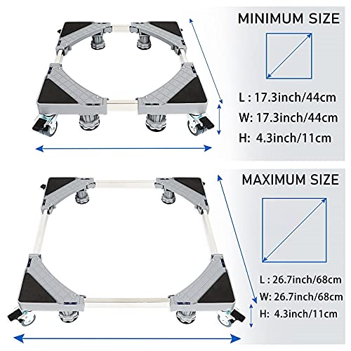 Mini Fridge Stand Washing Machine Base Adjustable Mobile Base with 4x2 Locking Rubber Rotating Wheels and 4 Sturdy Washing Machine Feet Suitable for Dryer, Washing Machine and Mini Refrigerator