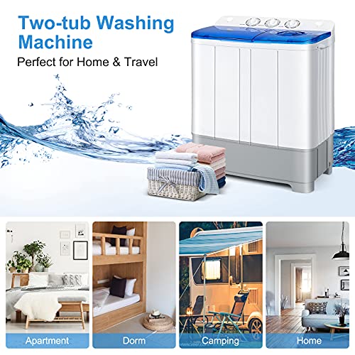 COSTWAY Portable Washing Machine, Twin Tub 22Lbs Capacity, Compact Washer(13.2Lbs) and Spinner(8.8Lbs) with Control Knobs, Built-in Drain Pump, Semi-Automatic Laundry washer for Apartment, RV (Blue)