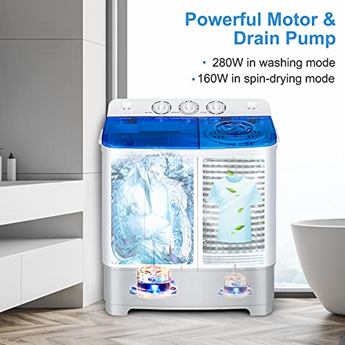 COSTWAY Portable Washing Machine, Twin Tub 22Lbs Capacity, Compact Washer(13.2Lbs) and Spinner(8.8Lbs) with Control Knobs, Built-in Drain Pump, Semi-Automatic Laundry washer for Apartment, RV (Blue)