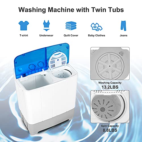 COSTWAY Portable Washing Machine, Twin Tub 22Lbs Capacity, Compact Washer(13.2Lbs) and Spinner(8.8Lbs) with Control Knobs, Built-in Drain Pump, Semi-Automatic Laundry washer for Apartment, RV (Blue)