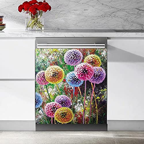 Colourful Dandelion Painting Kitchen Dishwasher Cover Magnetic Sticker,Refrigerator,Washing Machine Magnet Panel Decal,Flower Dryer Decorative Floral Cover for Home Decor 23in W x 26in H