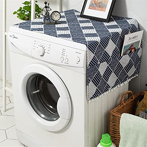 Mvchifay Washing Machine Cover Dustproof Cotton Fridge Cover Decorative Top Load Cover with Side Storage Pockets 54x23inches (Blue cube grids)