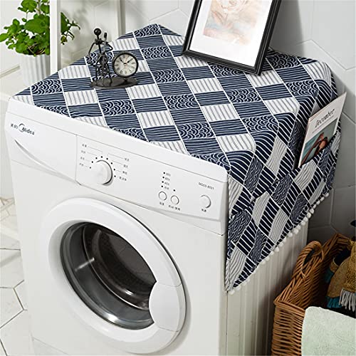 Mvchifay Washing Machine Cover Dustproof Cotton Fridge Cover Decorative Top Load Cover with Side Storage Pockets 54x23inches (Blue cube grids)