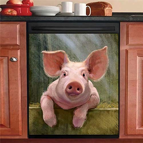 Oil Painting of Animal Cute Pig Dishwasher Door Cover Removable Vinyl Panel Decal Magnetic Refrigerator Stickers 23" W x 26" H