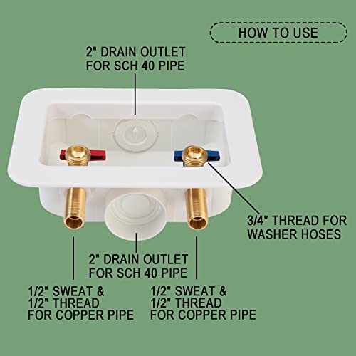 Lingmfg Washing Machine Outlet Box Sweat Thread with 2 inch Central Drain, 1/2 inch Thread, 1/2 inch Copper Sweat, Connection 3/4 inch Washing Machine Hoses