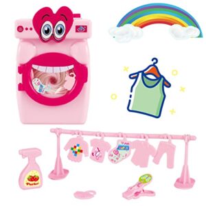 Children's Mini Washing Machine Toy Manual Roller Toy Electric Girl Play House with Clothes, Detergent (Pink Washing Machine)