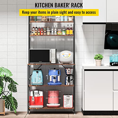 VEVOR Kitchen Baker's Rack, 5-Tier Microwave Stand with 6 Hooks Utility Storage Shelf, Industrial Bakers Racks for Kitchens with Storage, Standing Kitchen Rack for Home Bar, Coffee Bar, Dining Room