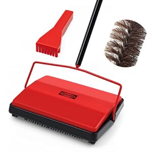 jehonn carpet floor sweeper manual with horsehair, non electric quite rug roller brush push for cleaning pet hair, loose debris, lint (red)