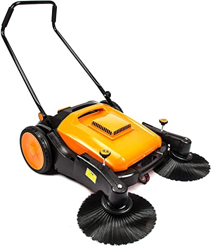 Industrial Floor Sweeper with Triple Brooms, 38 inch Outdoor and Indoor Hand Push Floor Sweeper, 38,000 Square feet per Hour, 12 gal Waste Container