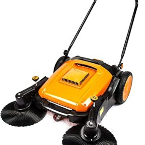 Industrial Floor Sweeper with Triple Brooms, 38 inch Outdoor and Indoor Hand Push Floor Sweeper, 38,000 Square feet per Hour, 12 gal Waste Container