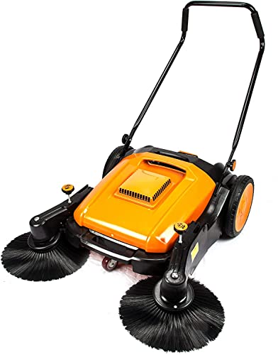 Industrial Floor Sweeper with Triple Brooms, 38 inch Outdoor and Indoor Hand Push Floor Sweeper, 38,000 Square feet per Hour, 12 gal Waste Container