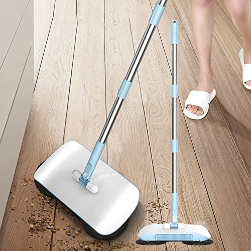 Hand Push Sweeper Household Lazy 3-in-1 Suction Sweeper Cleaning Machine Floor Stall Upgraded Soft Rough Brush Microfiber Mop 1pcs (Blue)