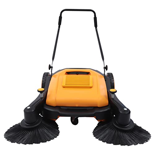 Hand Push Floor Sweeper Low Skylight Model - 14.53 Gallon Capacity, High Efficiency Outdoor Walk-Behind Sweeper with Adjustable Height & Angle, Industrial Floor Sweeper with 2 Brooms