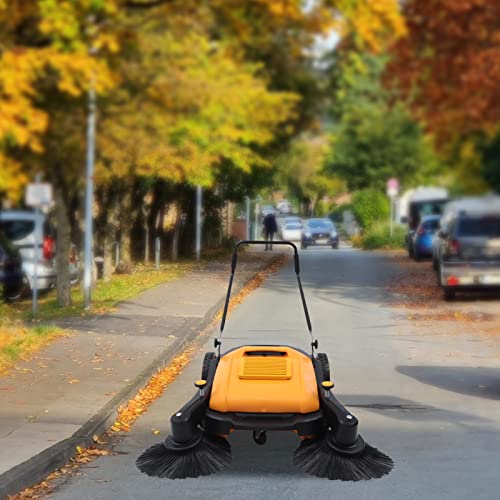 Hand Push Floor Sweeper Low Skylight Model - 14.53 Gallon Capacity, High Efficiency Outdoor Walk-Behind Sweeper with Adjustable Height & Angle, Industrial Floor Sweeper with 2 Brooms