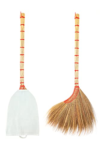 Generic Handmade Grass Thai Broom Extra Thick Bristle Brush Head Traditional Asian Whisk Sweeper Broomcorn Plus 100 Percent Cotton Dust Cover, 40 x 18 x 1.5 inch, Red