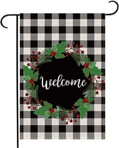 auoikk winter berry wreath welcome garden flag vertical double sided, christmas outdoor flag farmhouse holiday home christmas yard sign outdoor decoration 12.5 x 18 inch