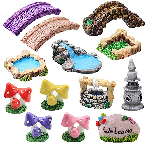 CLYTTE Miniature Fairy Garden Accessories, Mini Garden Bridge Figurine, Fairy House Kit for Home Kids Adult, Tiny Mushroom Pond Lawn Terrarium Kit for DIY Craft Garden Decoration