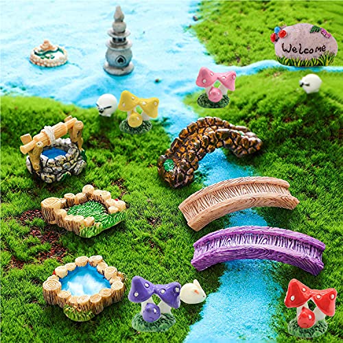 CLYTTE Miniature Fairy Garden Accessories, Mini Garden Bridge Figurine, Fairy House Kit for Home Kids Adult, Tiny Mushroom Pond Lawn Terrarium Kit for DIY Craft Garden Decoration