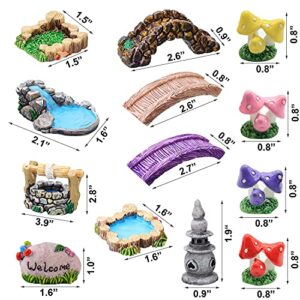 CLYTTE Miniature Fairy Garden Accessories, Mini Garden Bridge Figurine, Fairy House Kit for Home Kids Adult, Tiny Mushroom Pond Lawn Terrarium Kit for DIY Craft Garden Decoration