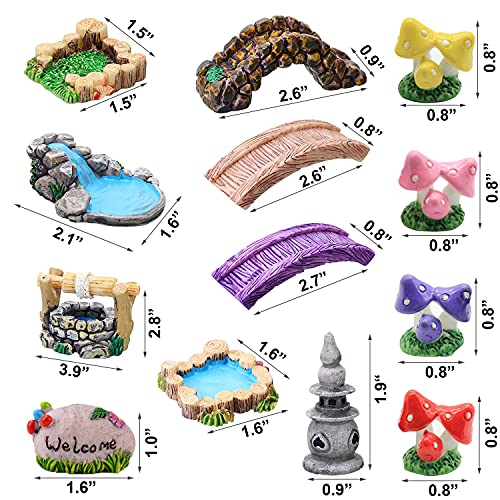 CLYTTE Miniature Fairy Garden Accessories, Mini Garden Bridge Figurine, Fairy House Kit for Home Kids Adult, Tiny Mushroom Pond Lawn Terrarium Kit for DIY Craft Garden Decoration