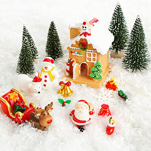 LOVESTOWN Christmas Miniature Figurines for Crafts, 25 PCS Fairy Garden Christmas Accessories with Mini Bottle Brush Trees Gingerbread House Xmas Resin Decorations for Christmas Party