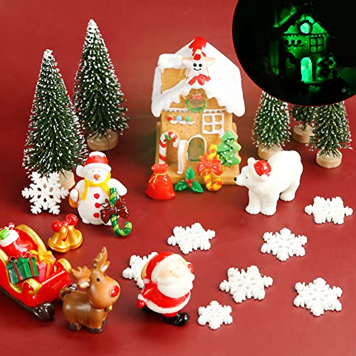 LOVESTOWN Christmas Miniature Figurines for Crafts, 25 PCS Fairy Garden Christmas Accessories with Mini Bottle Brush Trees Gingerbread House Xmas Resin Decorations for Christmas Party