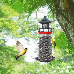 HSHD Solar Lighthouse Bird Feeder with Rotating Beacon Lamp - 14" Hanging Mesh Wild Bird Feeders for Outdoor Garden Patio Lawn Decor (Retro)