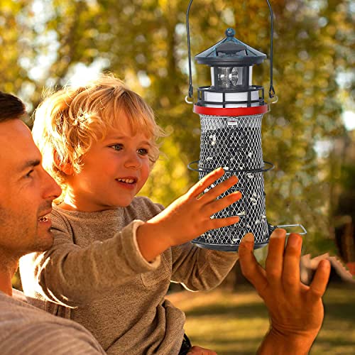 HSHD Solar Lighthouse Bird Feeder with Rotating Beacon Lamp - 14" Hanging Mesh Wild Bird Feeders for Outdoor Garden Patio Lawn Decor (Retro)